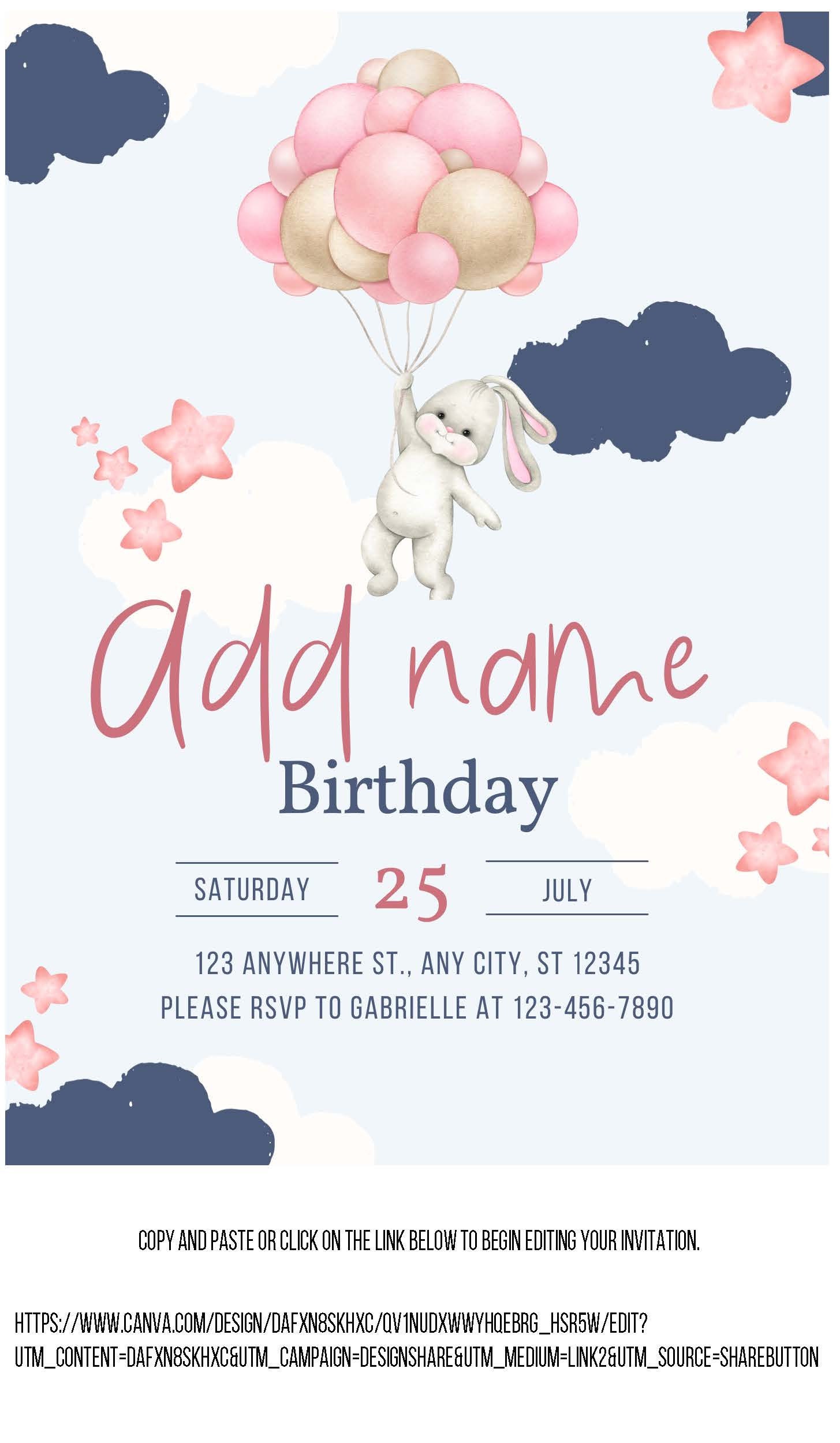Bunny Rabbit Birthday Party Invitation Cute and Customizable - Etsy