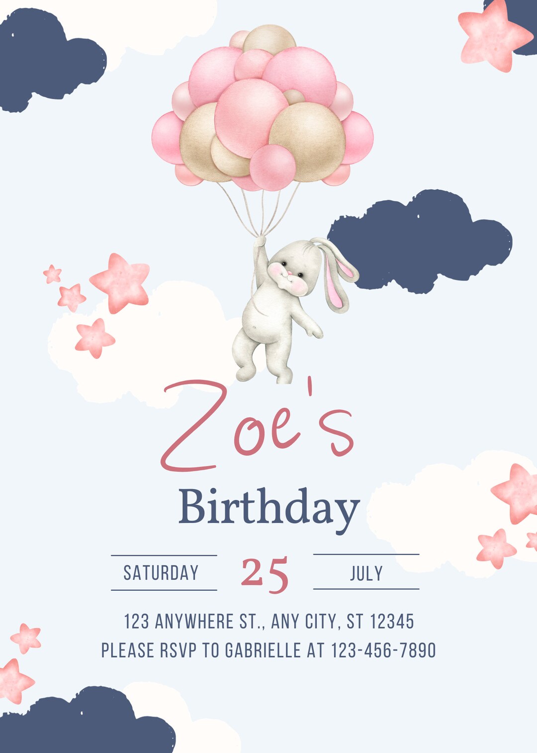 Bunny Rabbit Birthday Party Invitation Cute and Customizable - Etsy