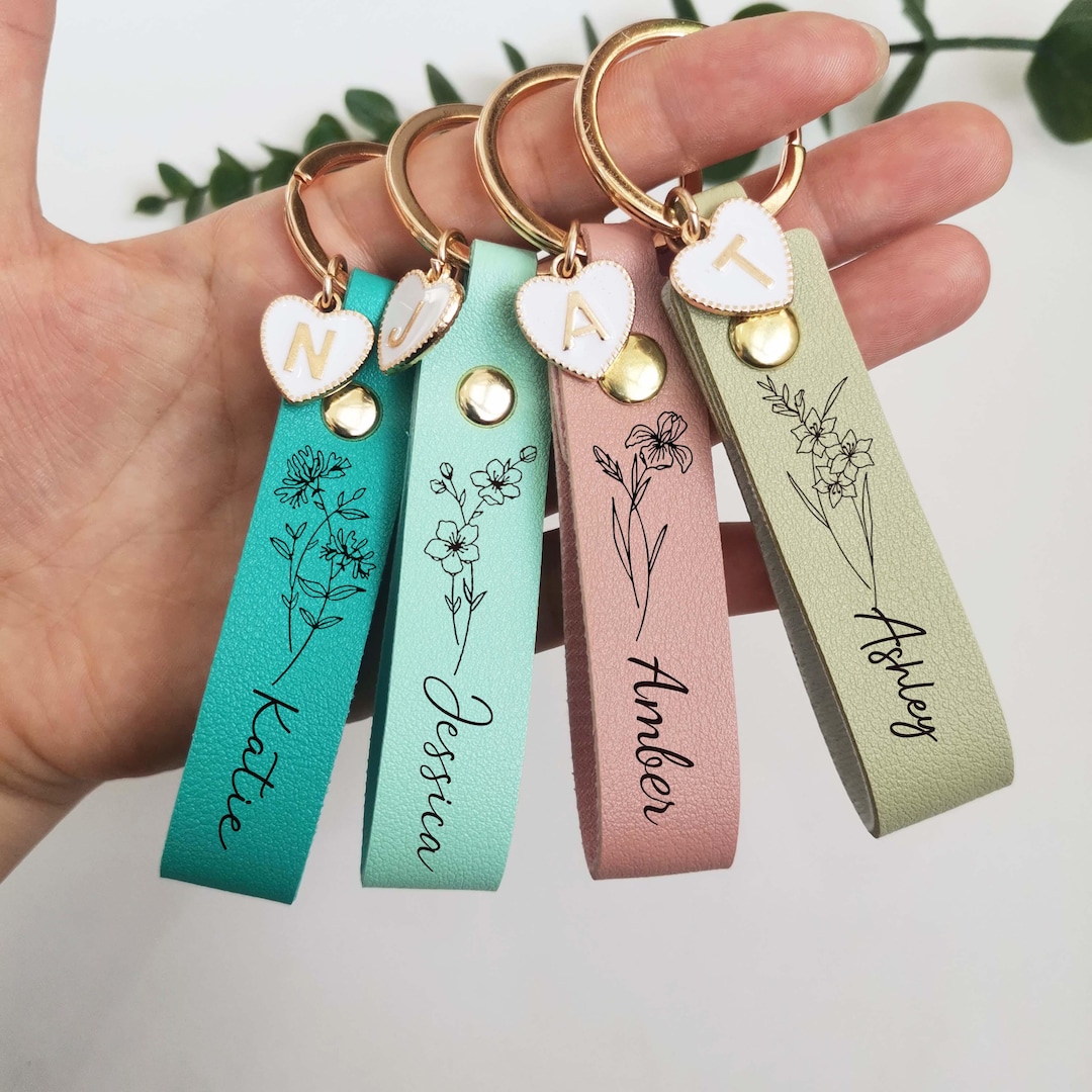 Personalized Name Birth Flower Keychain,engraved Name Key Chain ...