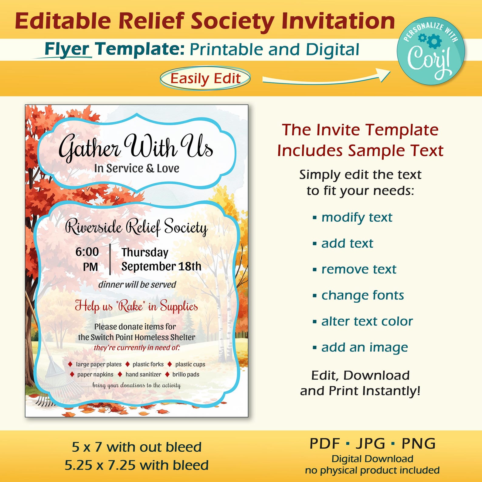 Editable Fall Relief Society Invitation Template | Dinner & Service ...