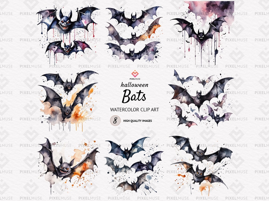 Halloween Bats Clipart, 8 High Quality Animal Jpgs, Unique Watercolor ...