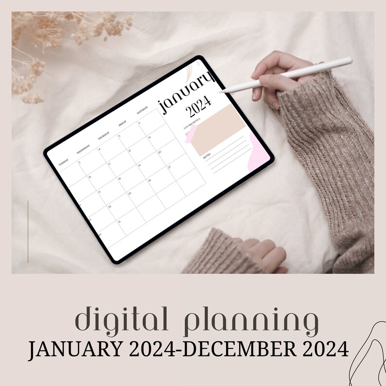 Digital 2024 Monthly Calendar January 2024 to December 2024 - Etsy