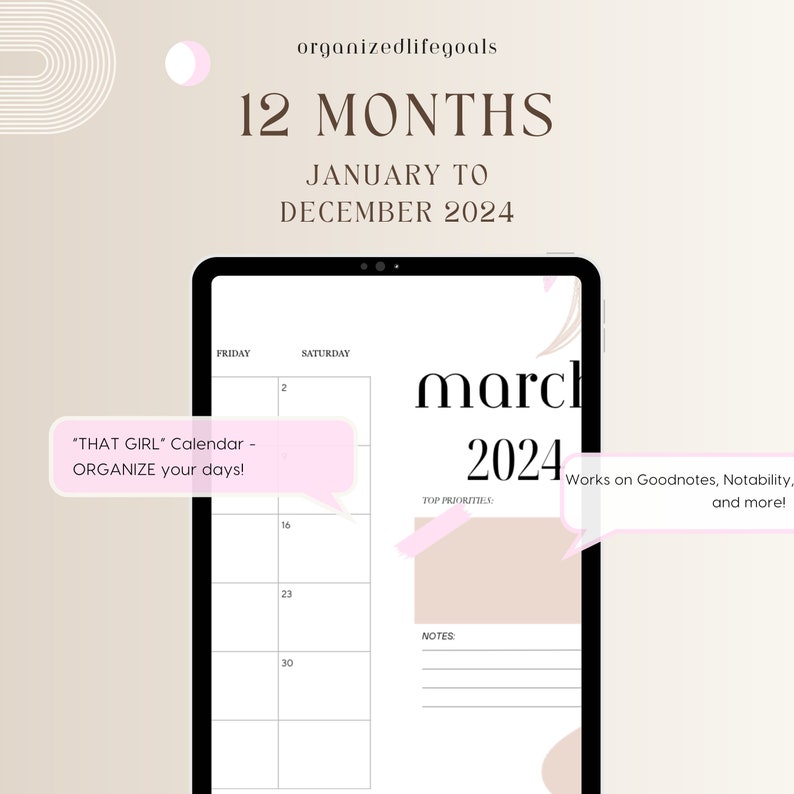 Digital 2024 Monthly Calendar January 2024 to December 2024 - Etsy
