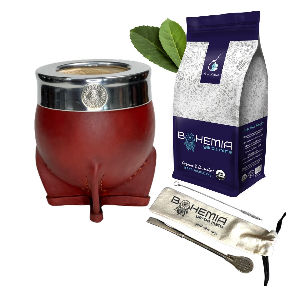 Set Premium Line Yerba Mate Calabash Gourd-handcrafted Leather & Alpaca ...