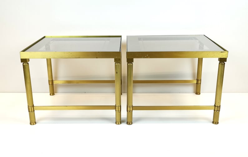 French Pair Brass Square Side Tables With Smoked Glass Top Hollywood ...