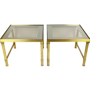French Pair Brass Square Side Tables With Smoked Glass Top Hollywood ...