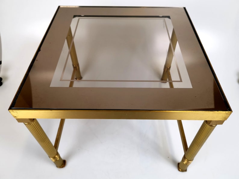 French Pair Brass Square Side Tables With Smoked Glass Top Hollywood ...
