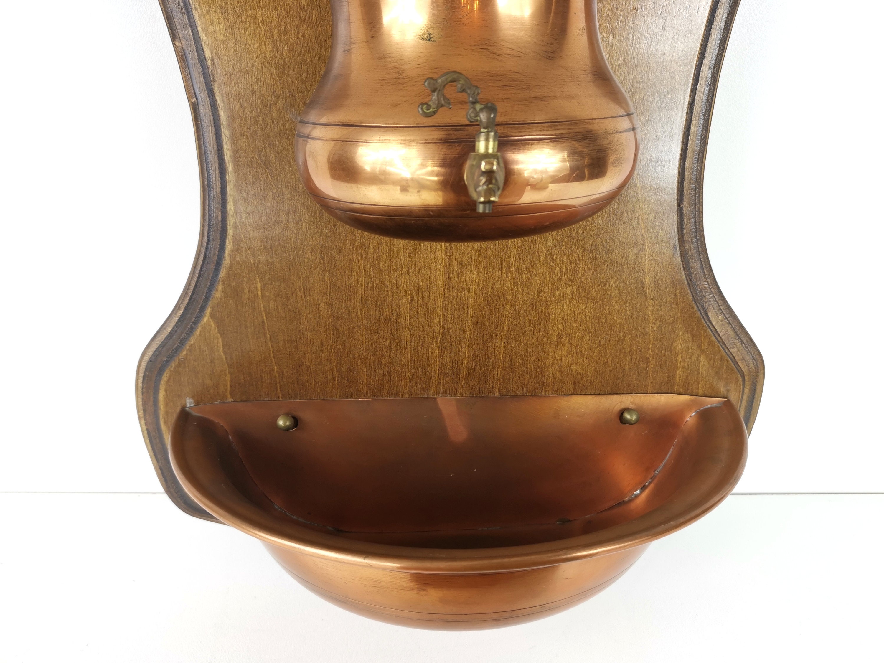Antique French Copper Fountain / Vintage Wash Basin on Wooden Plaque ...