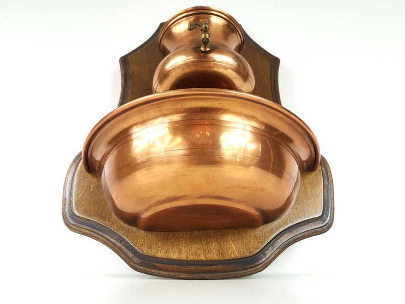 Antique French Copper Fountain / Vintage Wash Basin on Wooden Plaque ...