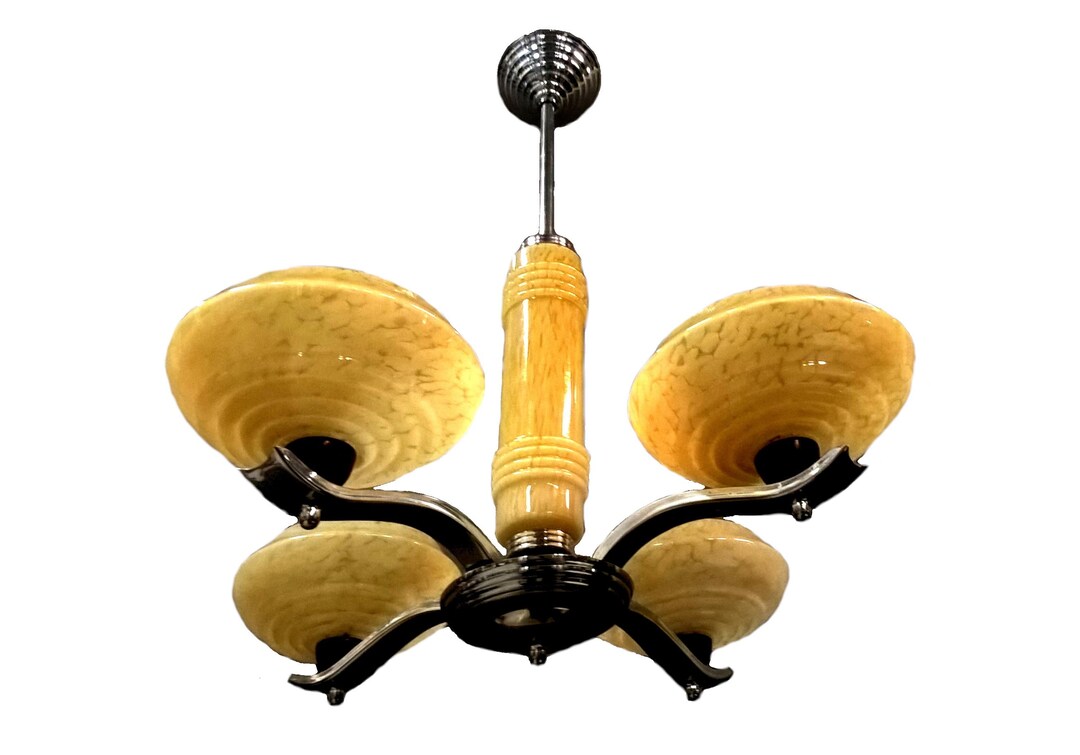 Antique French Chandelier Light Lamp Art Deco Design Vintage Glass Gold ...