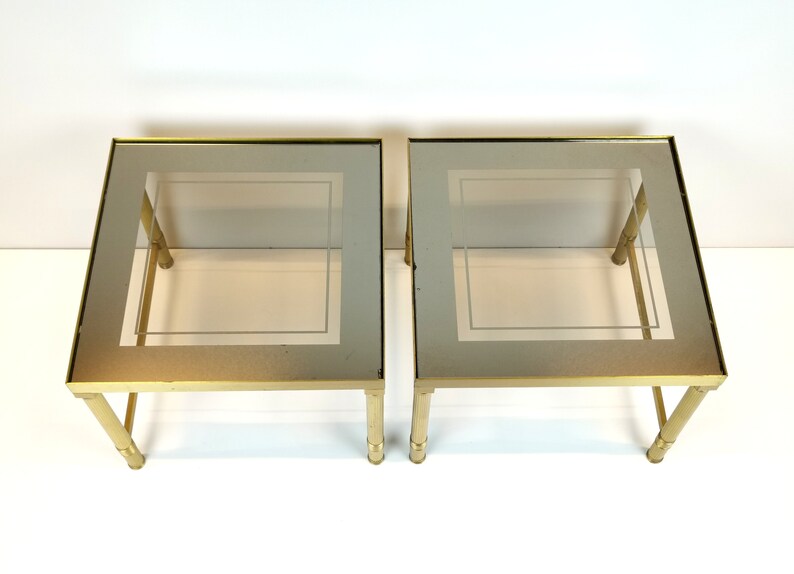 French Pair Brass Square Side Tables With Smoked Glass Top Hollywood ...