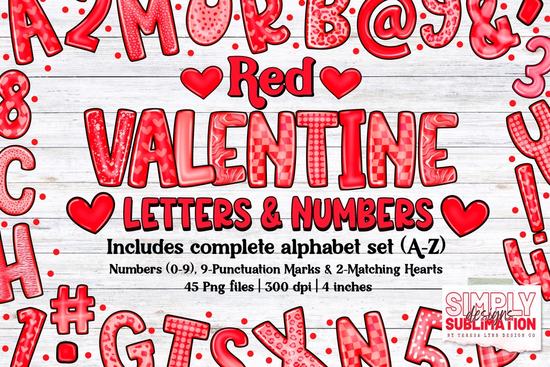 Red Valentine Letters & Numbers Png Alphabet Set | Sublimation | DTF ...