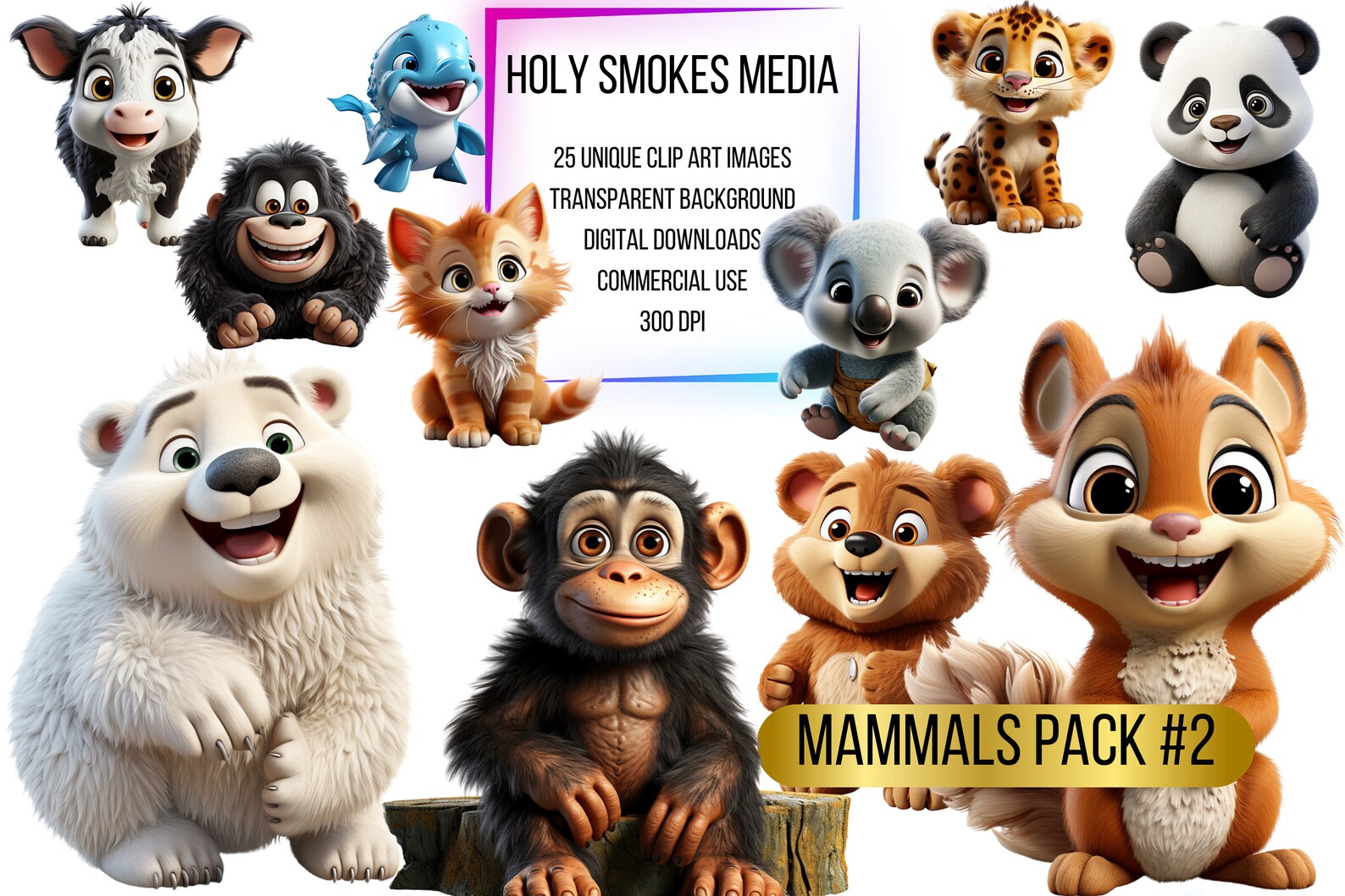 Cartoon MAMMALS Pack 2 Clipart Bundle Transparent Background Digital ...