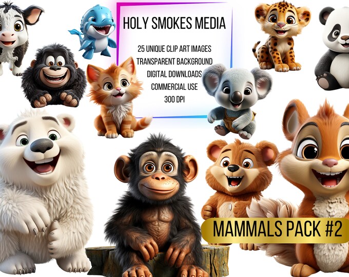 Cartoon MAMMALS Pack 2 Clipart Bundle Transparent Background Digital ...