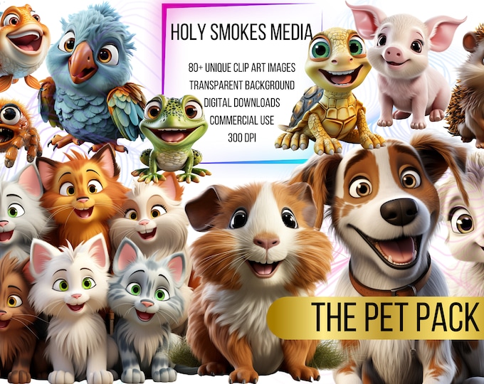 Cartoon PET PACK Clipart Bundle of 80 Transparent Background Digital ...