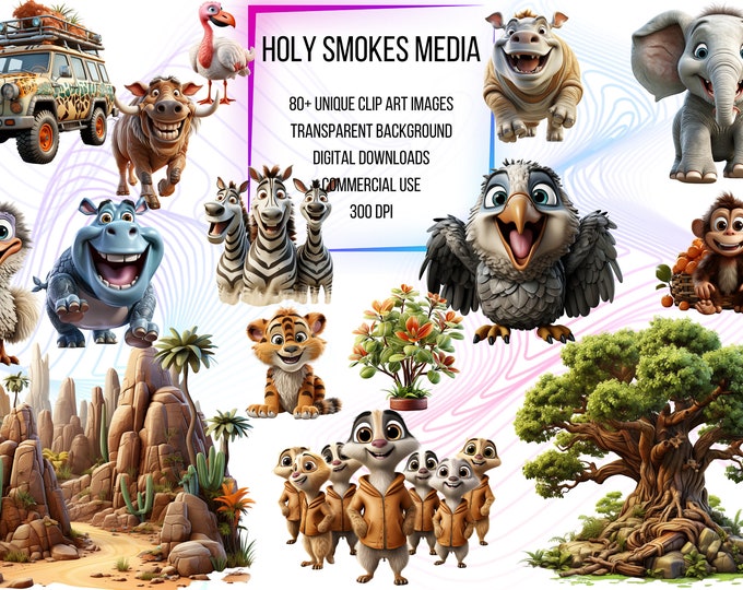 Cartoon SAFARI PACK Clipart Bundle of 80 Transparent Background Digital ...