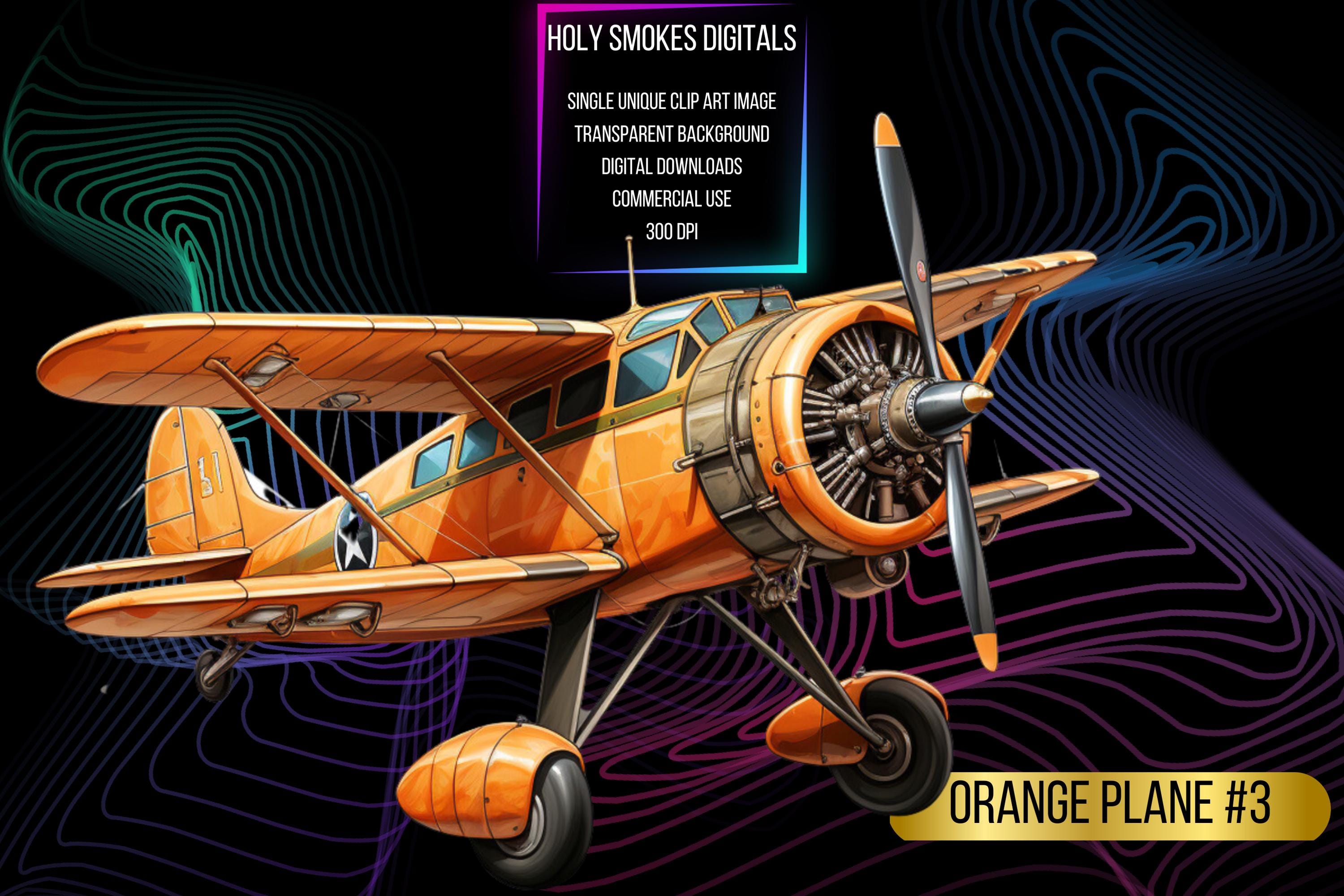 Vintage Orange Airplane 3 Clipart Retro Aircraft Illustration PNG With ...