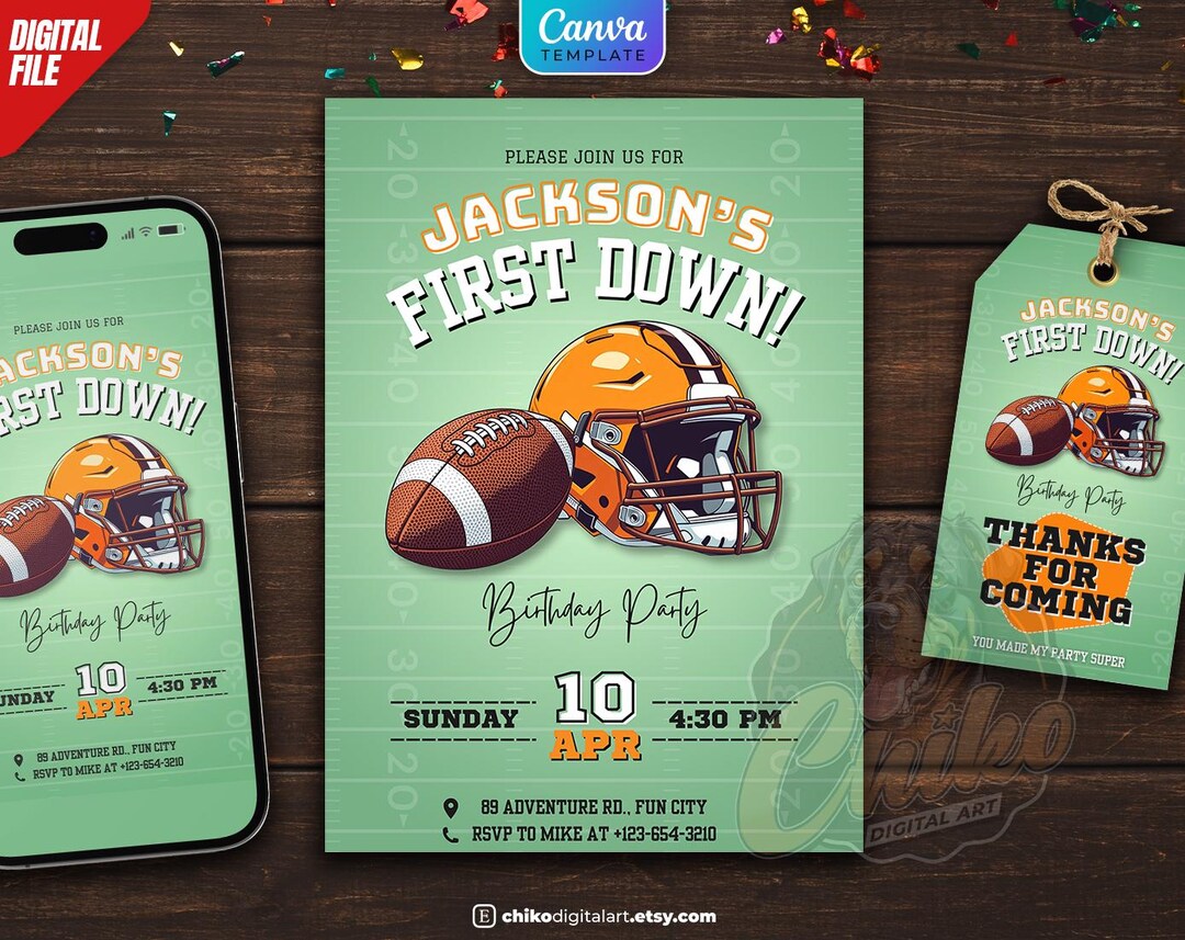 Editable Football First Down 1 Party Invitation | Birthday Boy Theme ...