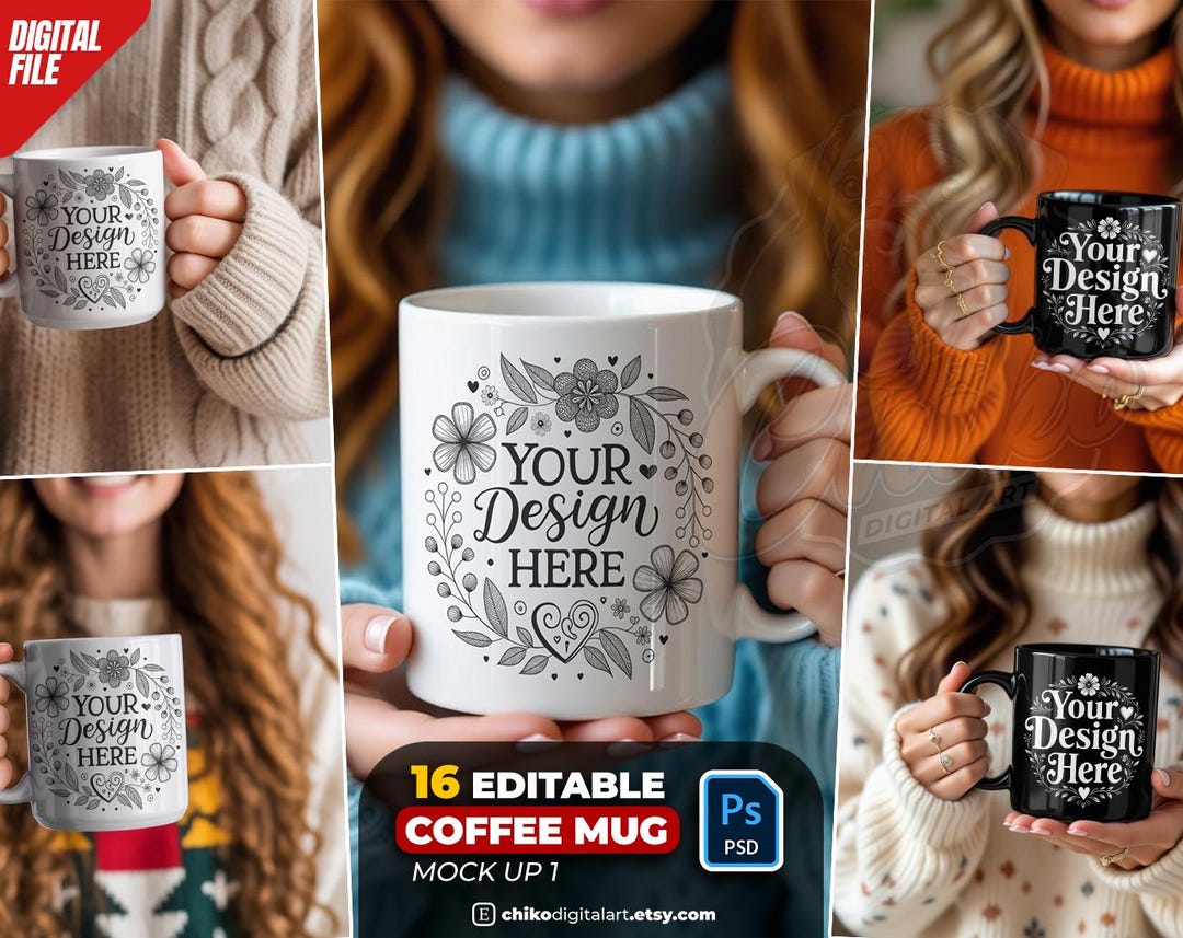 16 Editable PSD Coffee Mug Mockup 1 | White & Black Cups Bundle ...