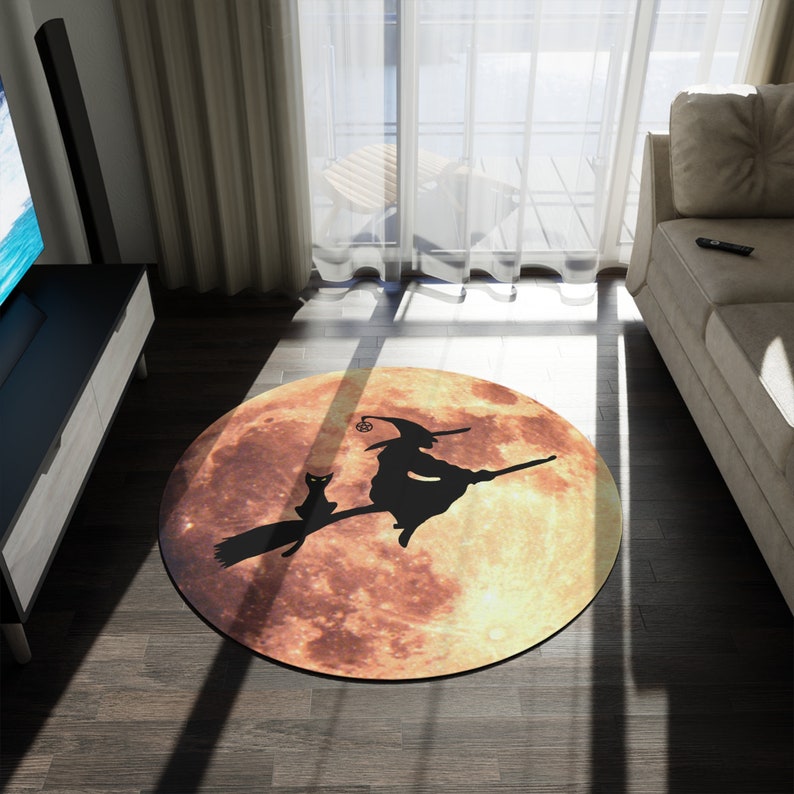 Witch and Her Cat Across the Moon - Round Rug - Etsy