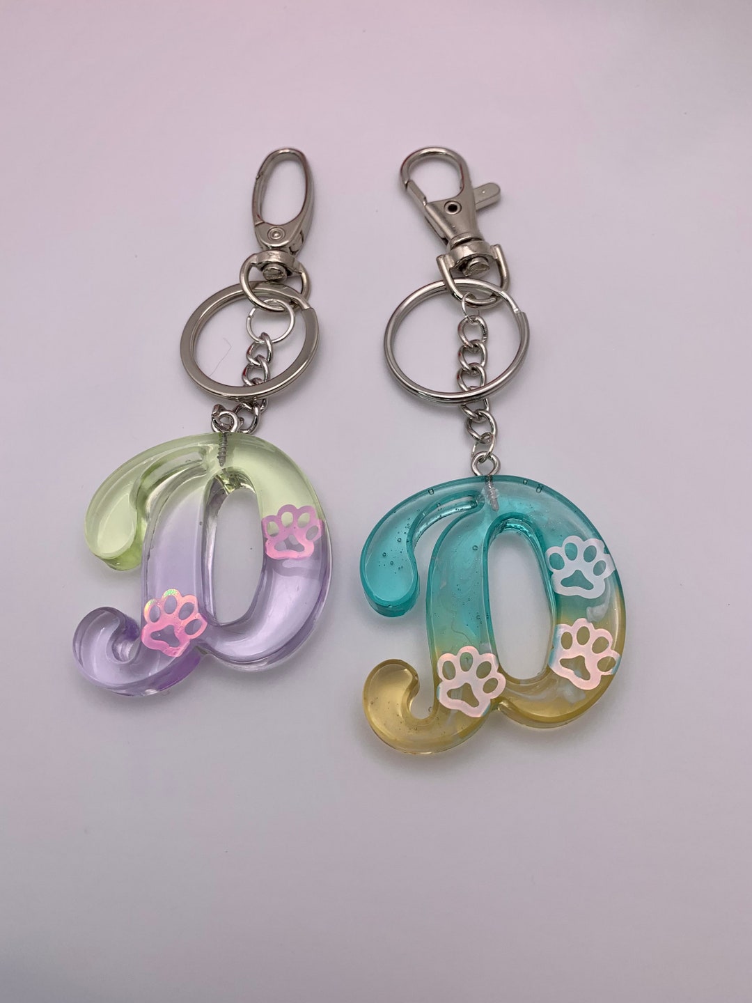 Handmade Epoxy Resin Handwritten Letter Keychain W/ Glitter Paw Prints ...