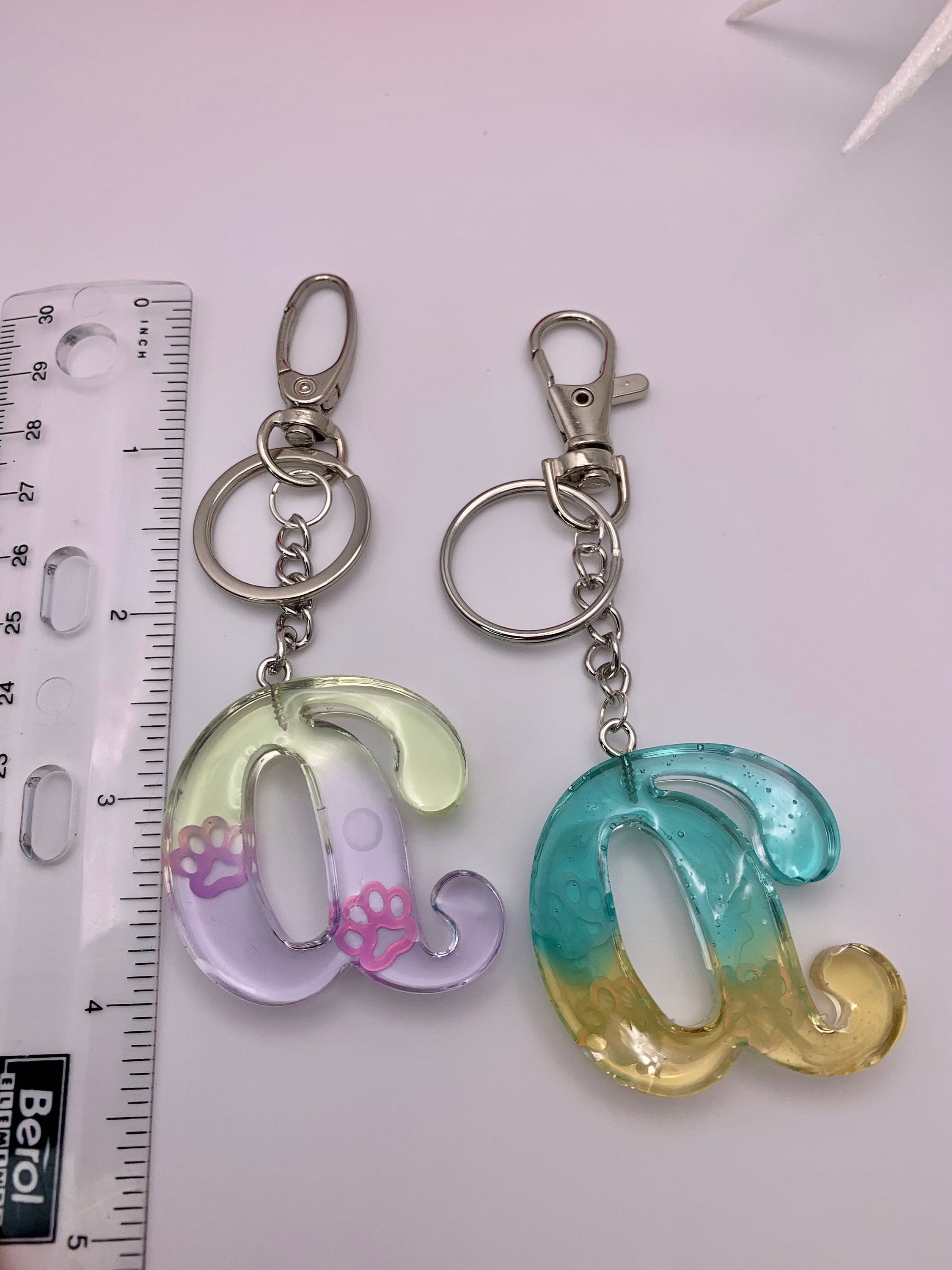 Handmade Epoxy Resin Handwritten Letter Keychain W/ Glitter Paw Prints ...