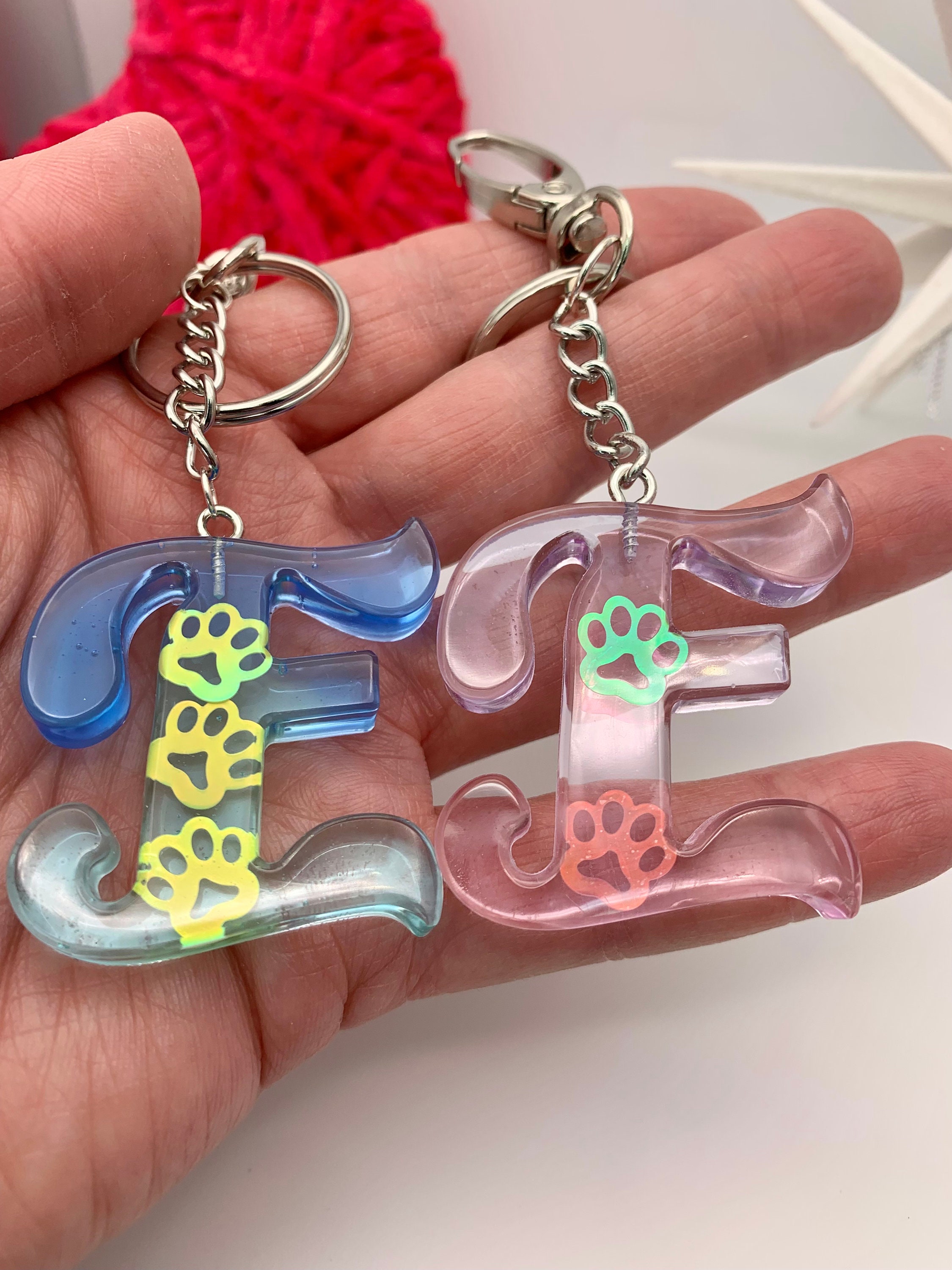 Handmade Epoxy Resin Handwritten Letter Keychain W/ Glitter Paw Prints ...