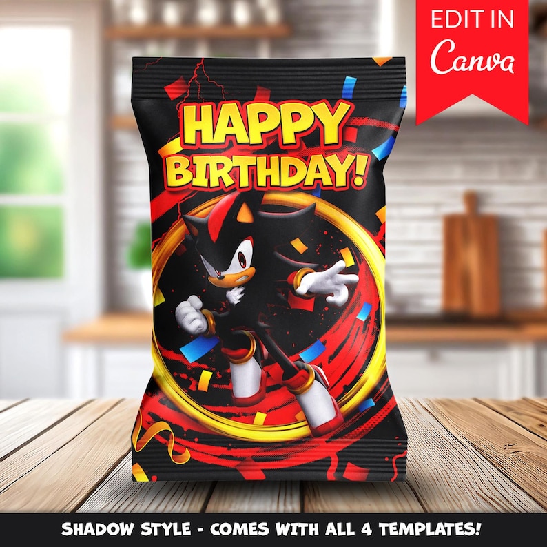 Sonic & Shadow Party Pack: Chip Bag, Water Bottle, Invitation (canva ...