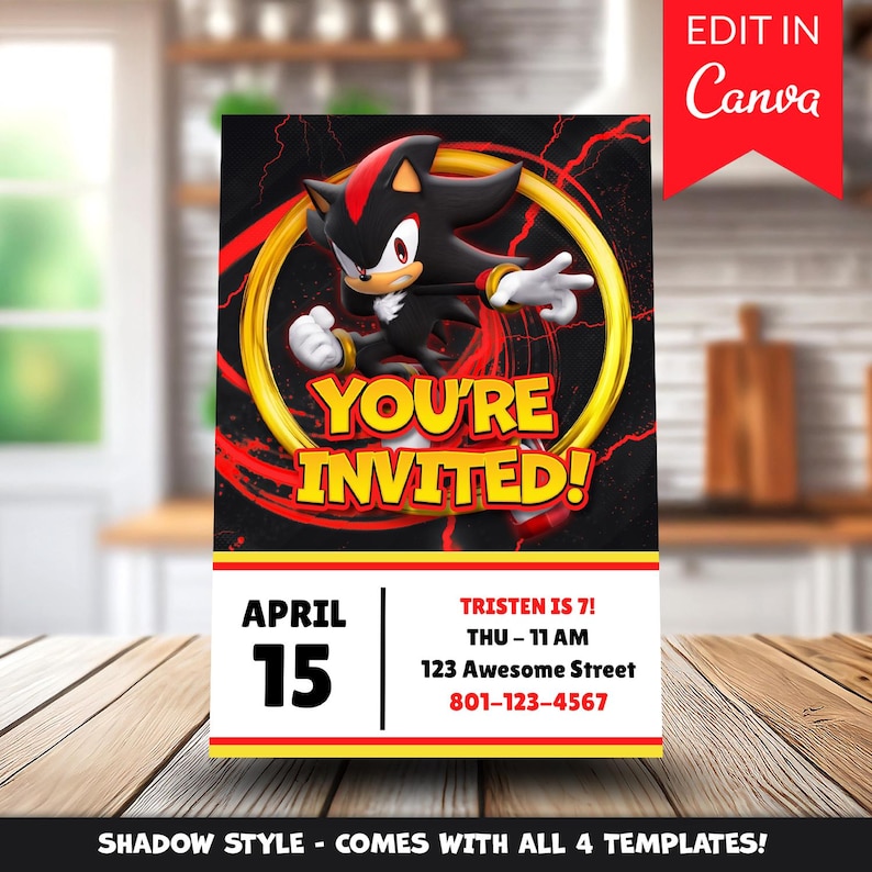 Sonic & Shadow Party Pack: Chip Bag, Water Bottle, Invitation (canva ...