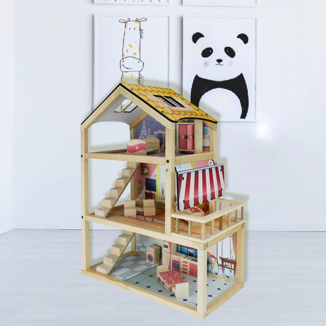 Wooden Dollhouse With Loft, Doll House Set, Gift for Little Girl, Gift ...