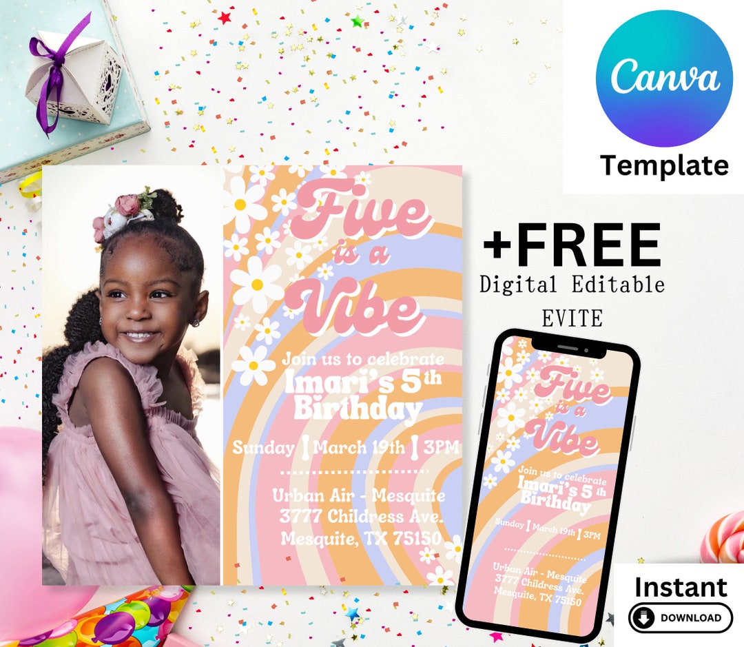 DIY Editable Five is a Vibe Birthday Invitation With Picture - Etsy
