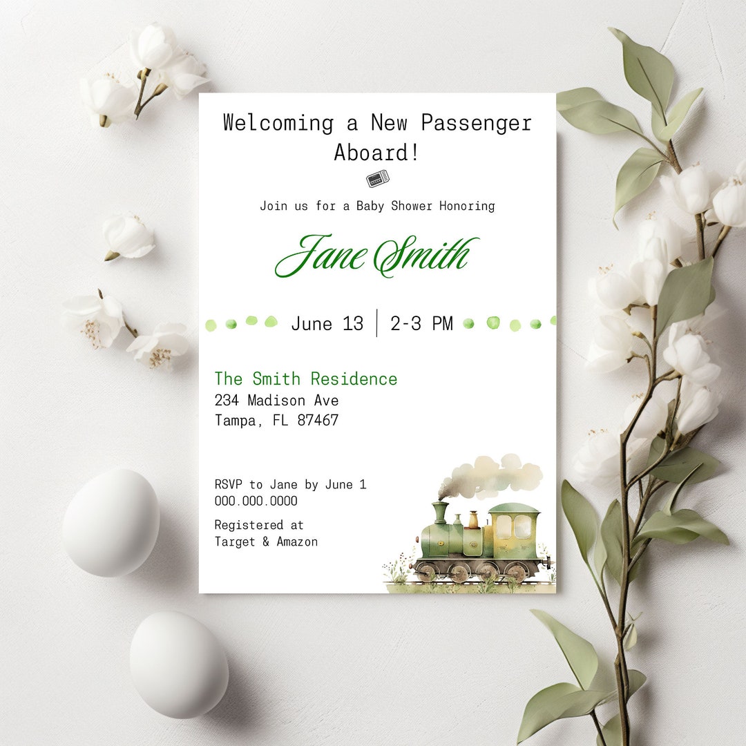Welcoming A New Passenger Aboard, Train Baby Shower Invitation, Green ...