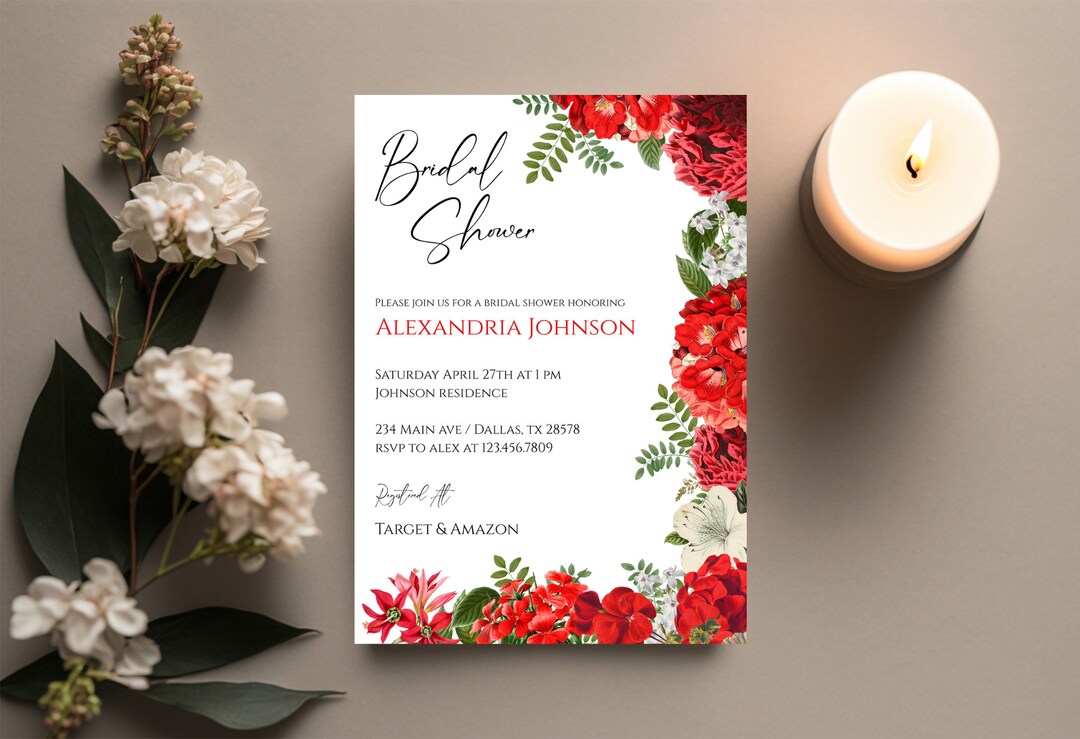 Red Floral Bridal Shower Invitation, Floral Bridal Shower Invite ...