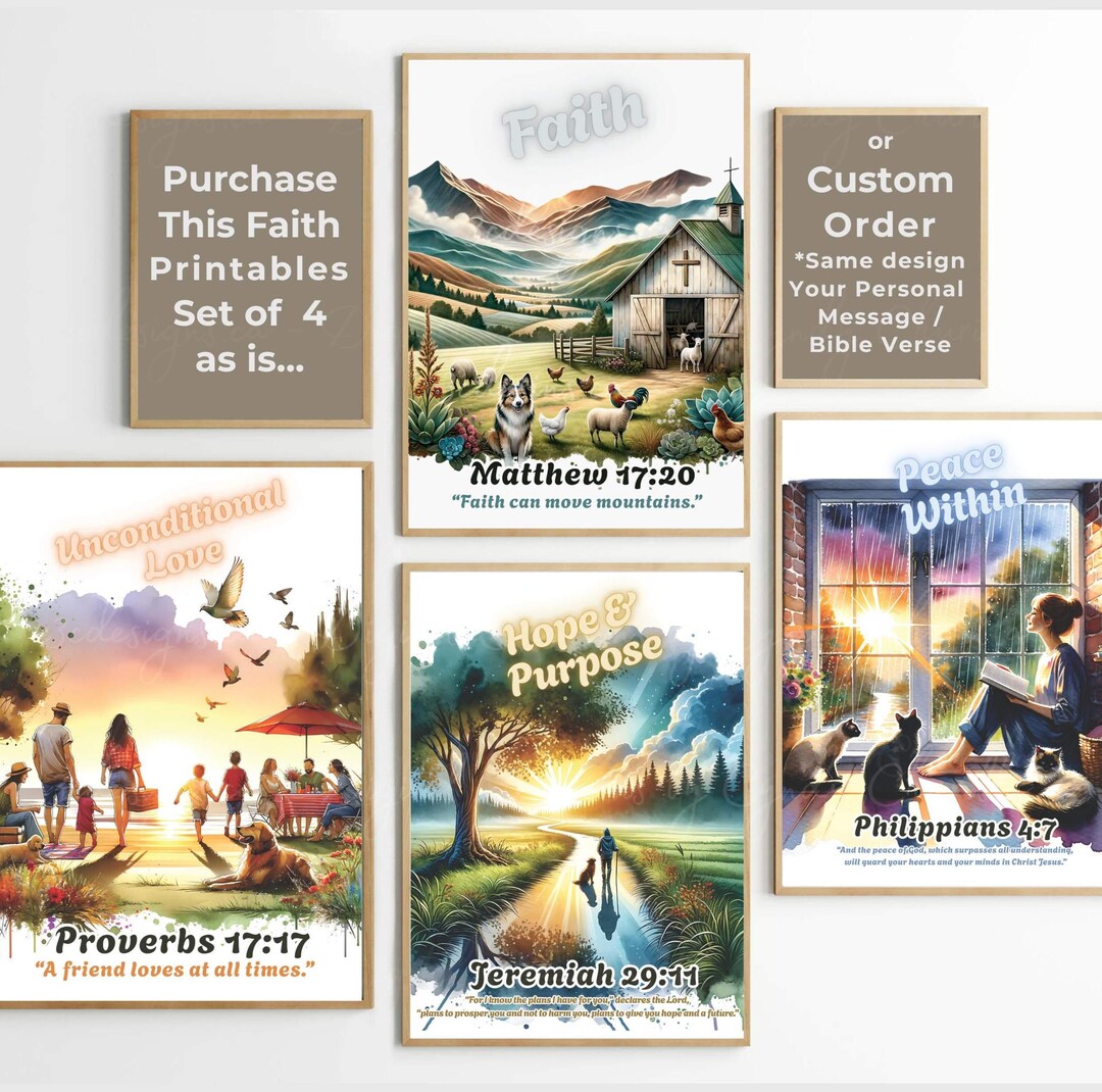 Inspiring Bible Verse Art Prints Set of 4, Watercolor Painting, Digital ...