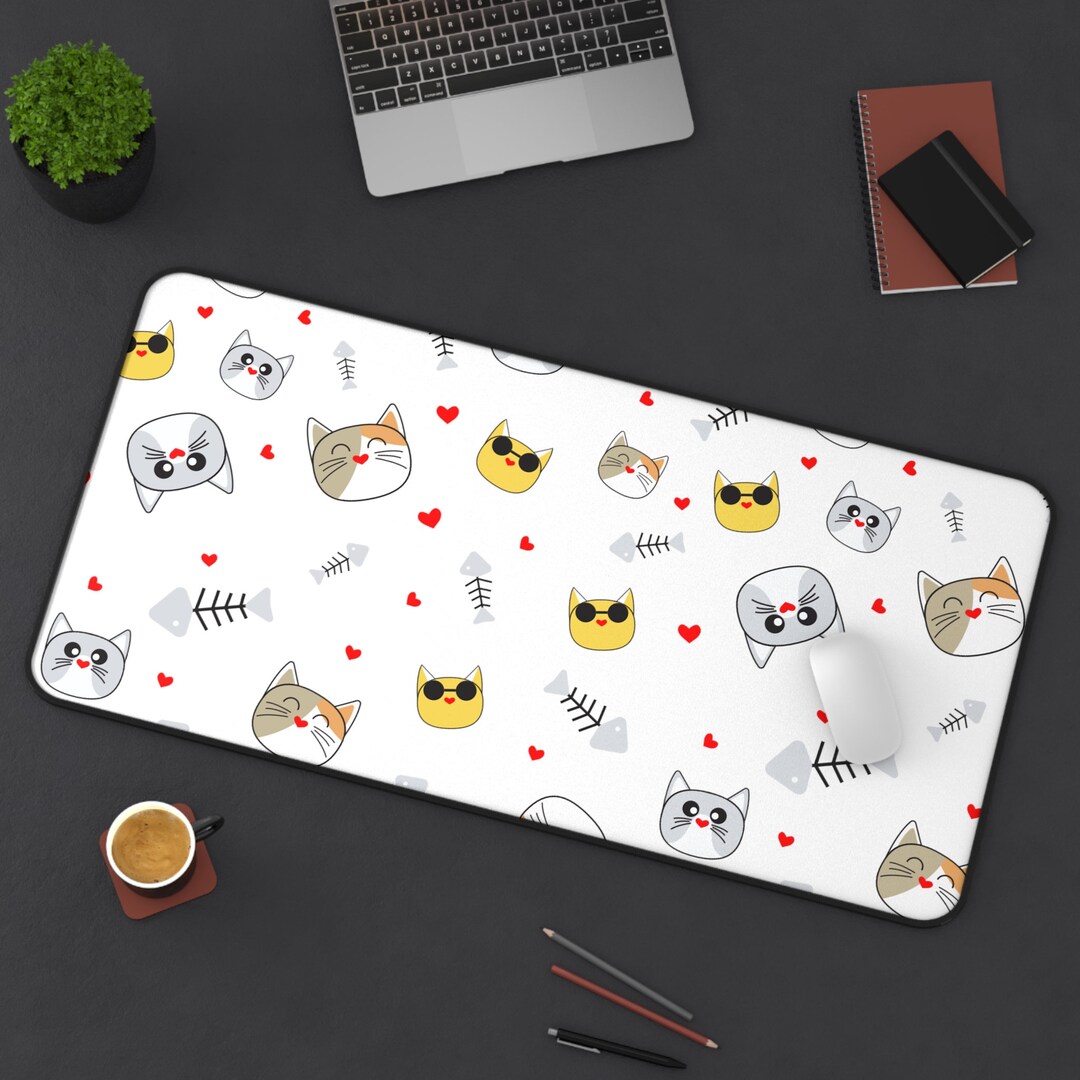 Cute Cat Faces & Fishbones Desk Mat - Whimsical Office Decor, Large ...