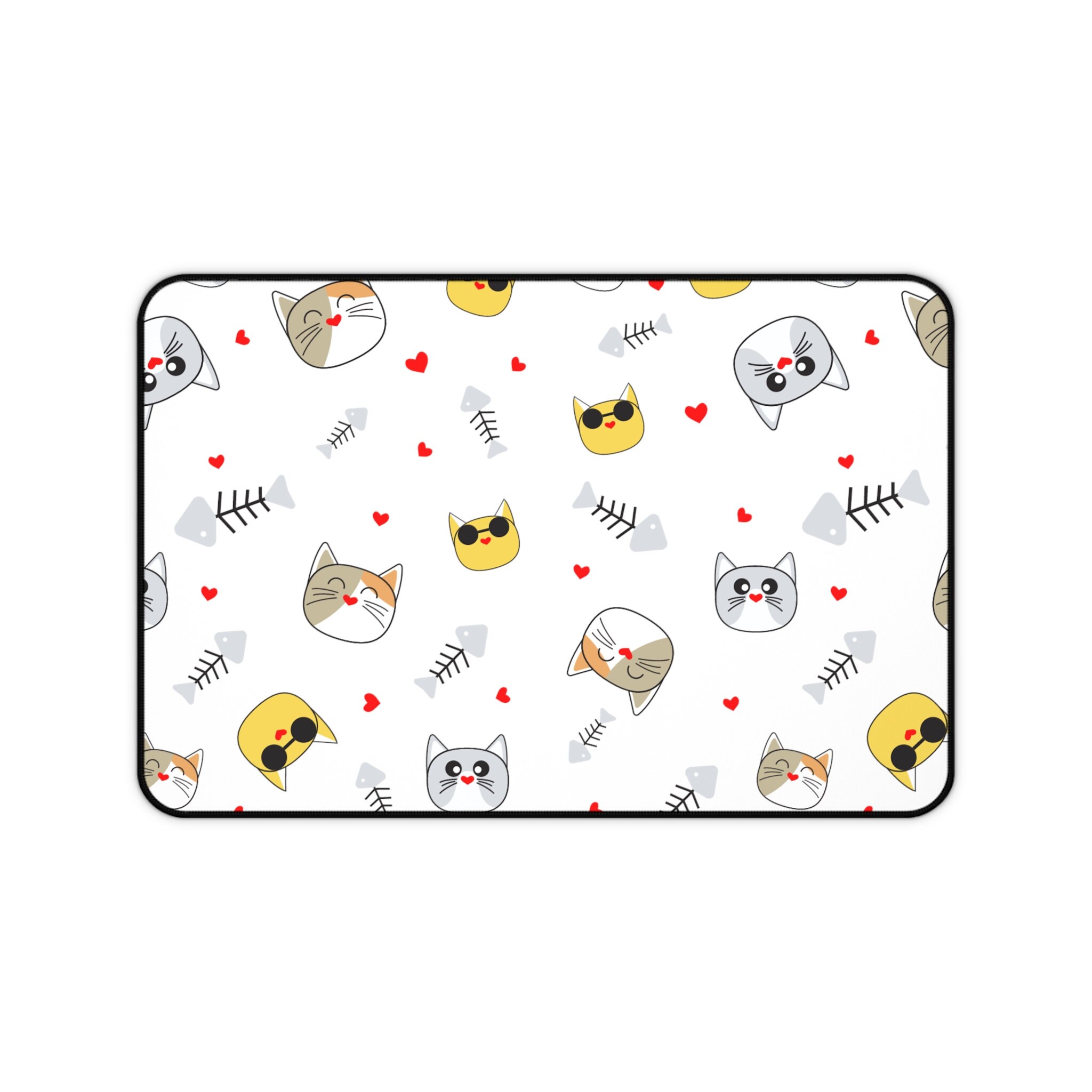 Cute Cat Faces & Fishbones Desk Mat Whimsical Office Decor, Large Mouse ...