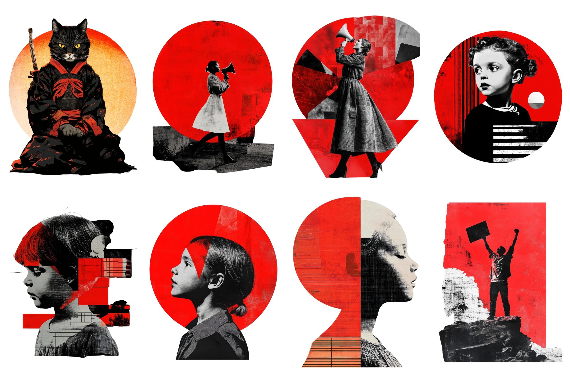 16 Printable Collage Art Bundle About Red Black White Gray, Digital ...
