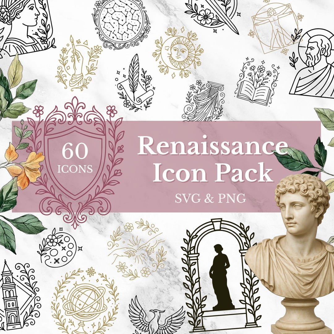60 Renaissance Icons SVG & PNG | Monoline Clipart for Canva, Photoshop ...