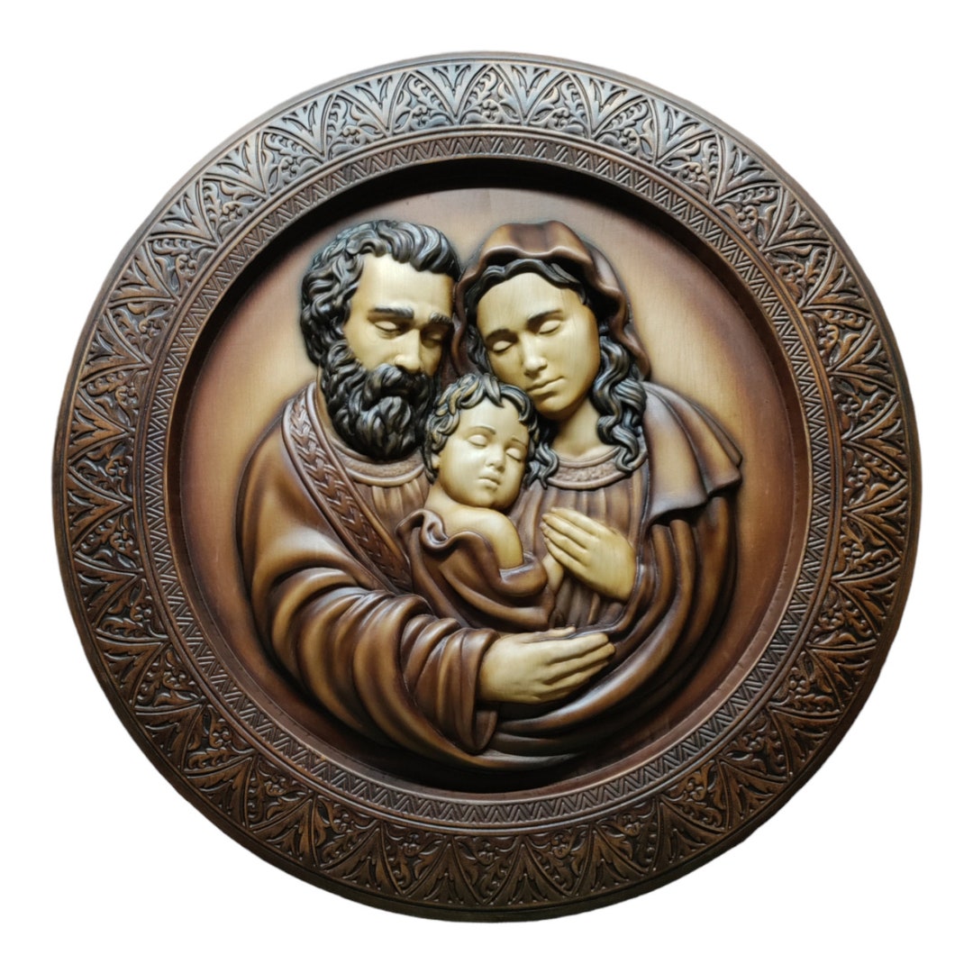 Holy Family Wood Icon: Christian Bas-relief, Handcrafted (13.38in) - Etsy