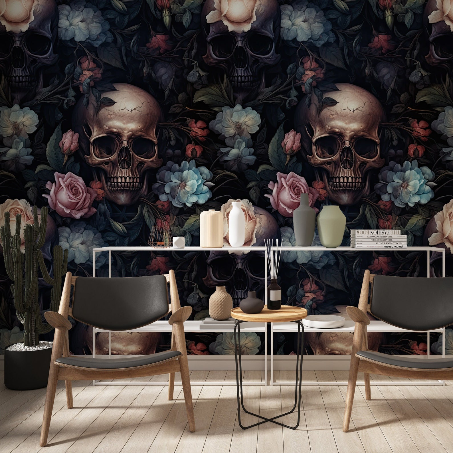 Floral Skull Wallpaper, Dark Gothic Floral Mural, Gothic Rose Mural ...