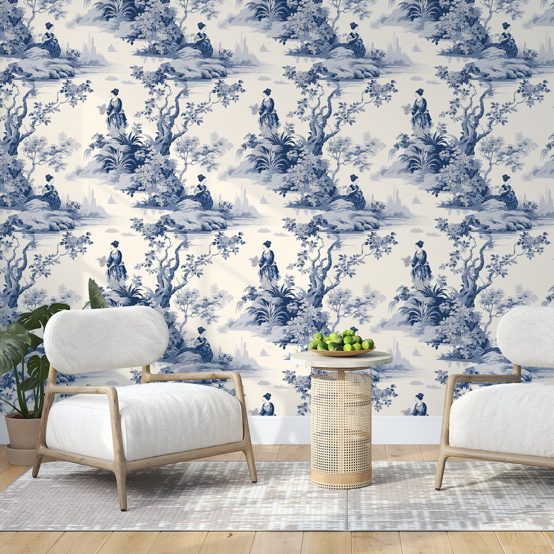 French Blue Toile Countryside Wallpaper, Vintage Monochrome Wall Mural ...