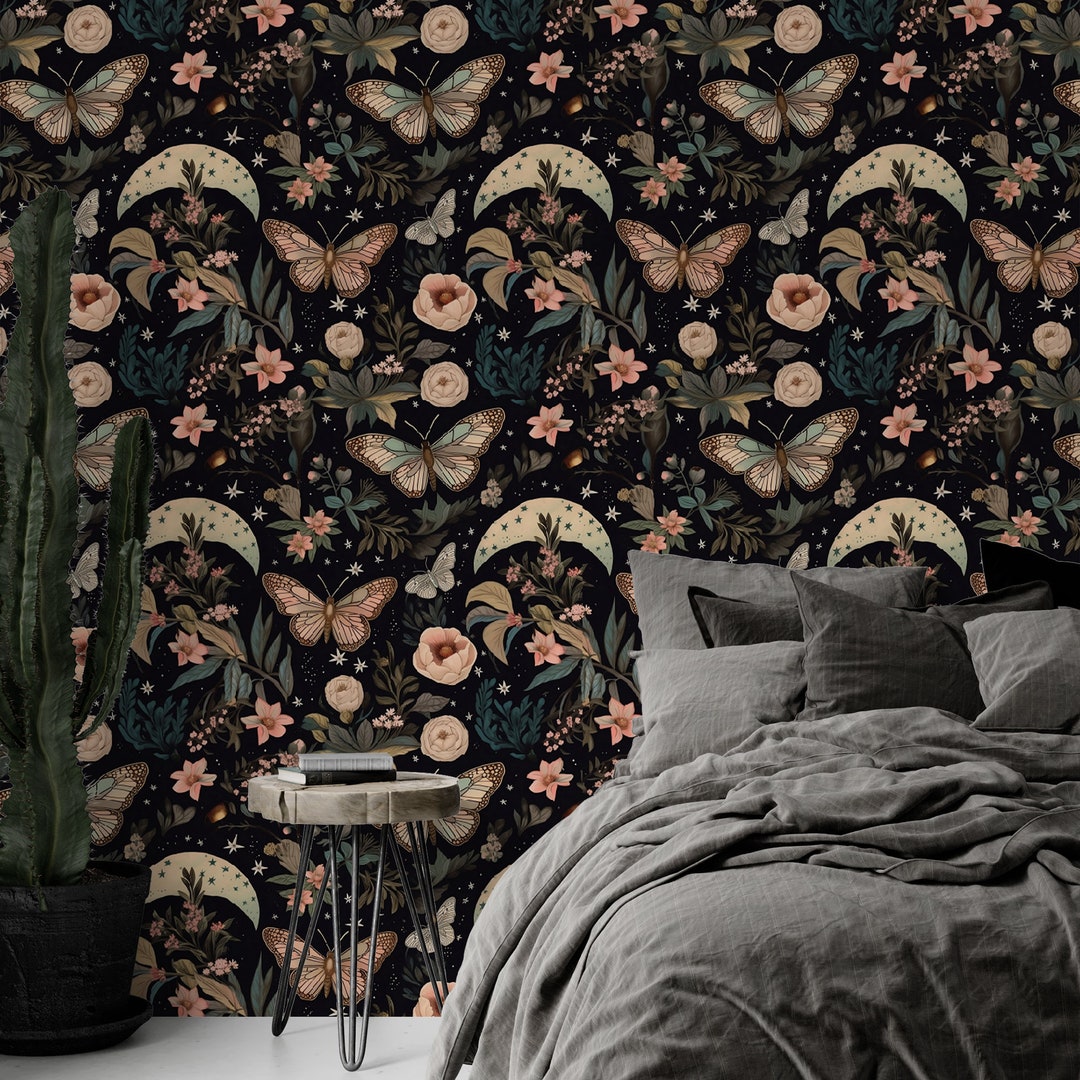 Dark Butterfly Wallpaper, Dark Floral Mural, Butterfly Flower Wall ...