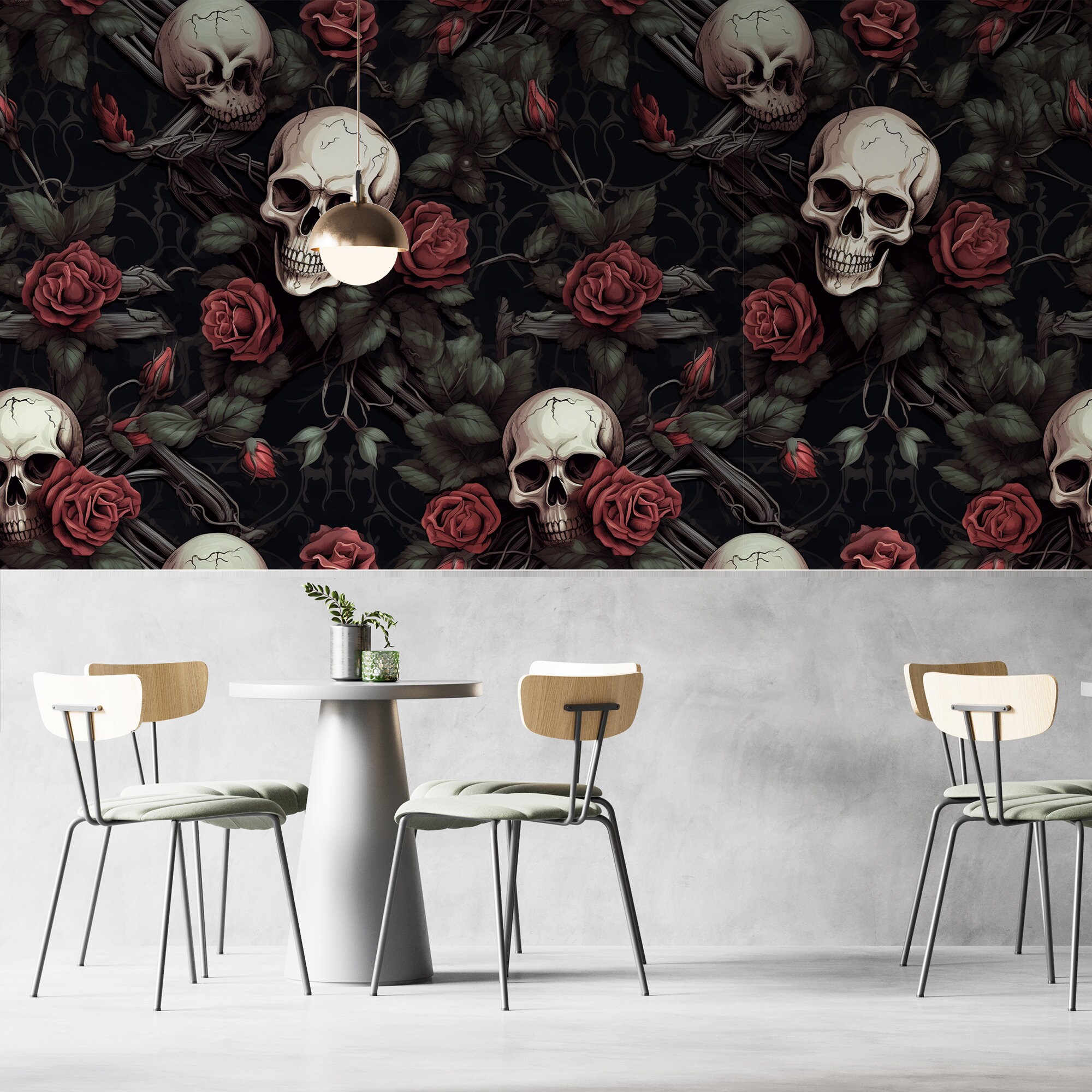 Dark Rose Skull Wallpaper – Gothic Red Floral Skull Wall Mural - Etsy