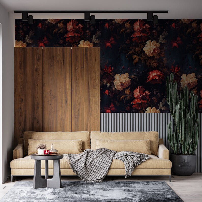 Dark Gothic Floral Mural, Gothic Botanical Wallpaper, Goth Whimsical ...