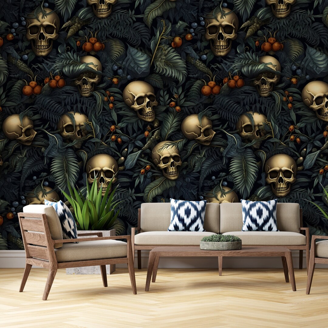 Botanical Skull Wallpaper, Tropical Gothic Wallpaper, Golden Skull Wall ...