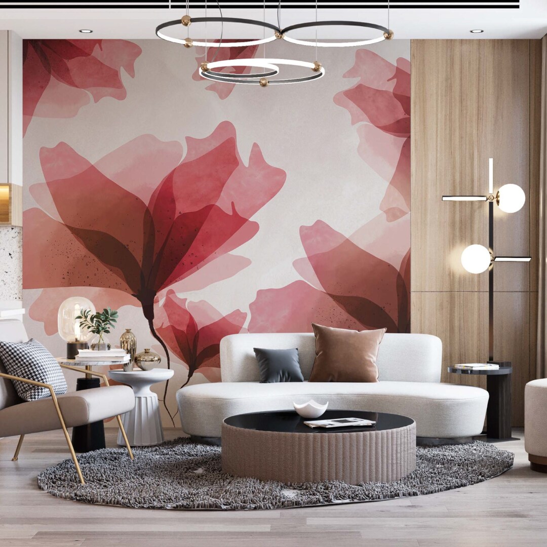 Magnolia Wallpaper, Red Floral Wall Mural, Peel Stick Removable ...