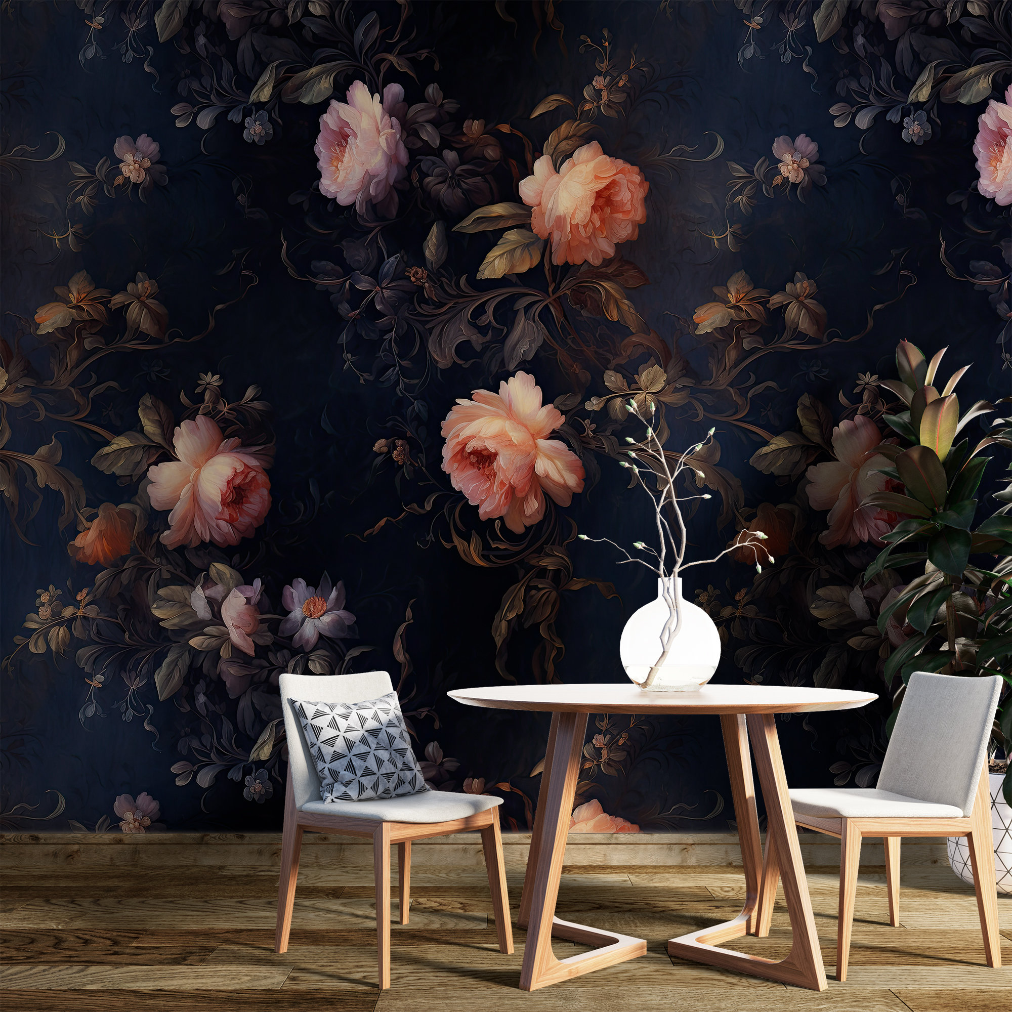 Gothic Dark Blue Floral Wallpaper, Whimsical Peony Wallpaper, Dark Goth ...