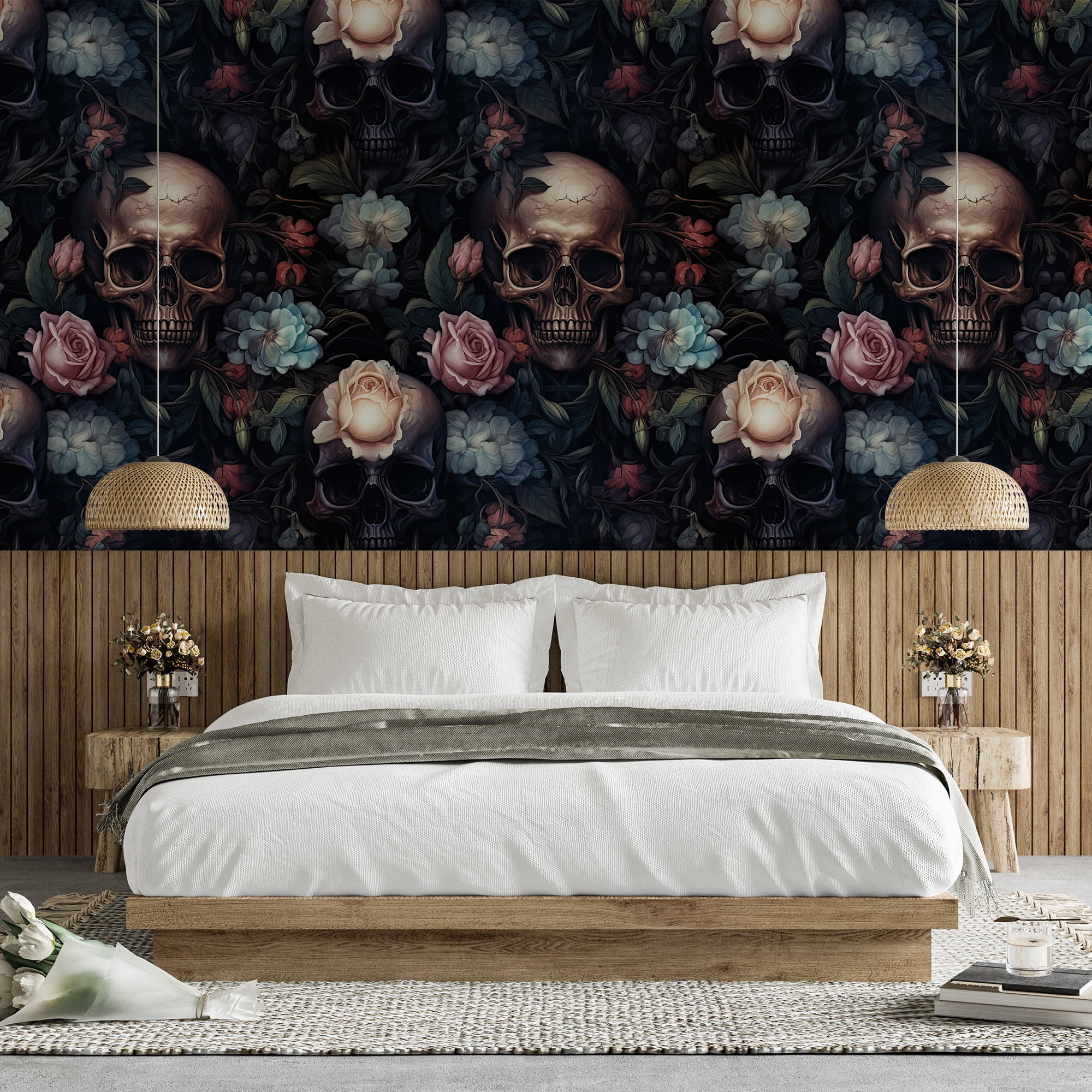 Floral Skull Wallpaper, Dark Gothic Floral Mural, Gothic Rose Mural ...