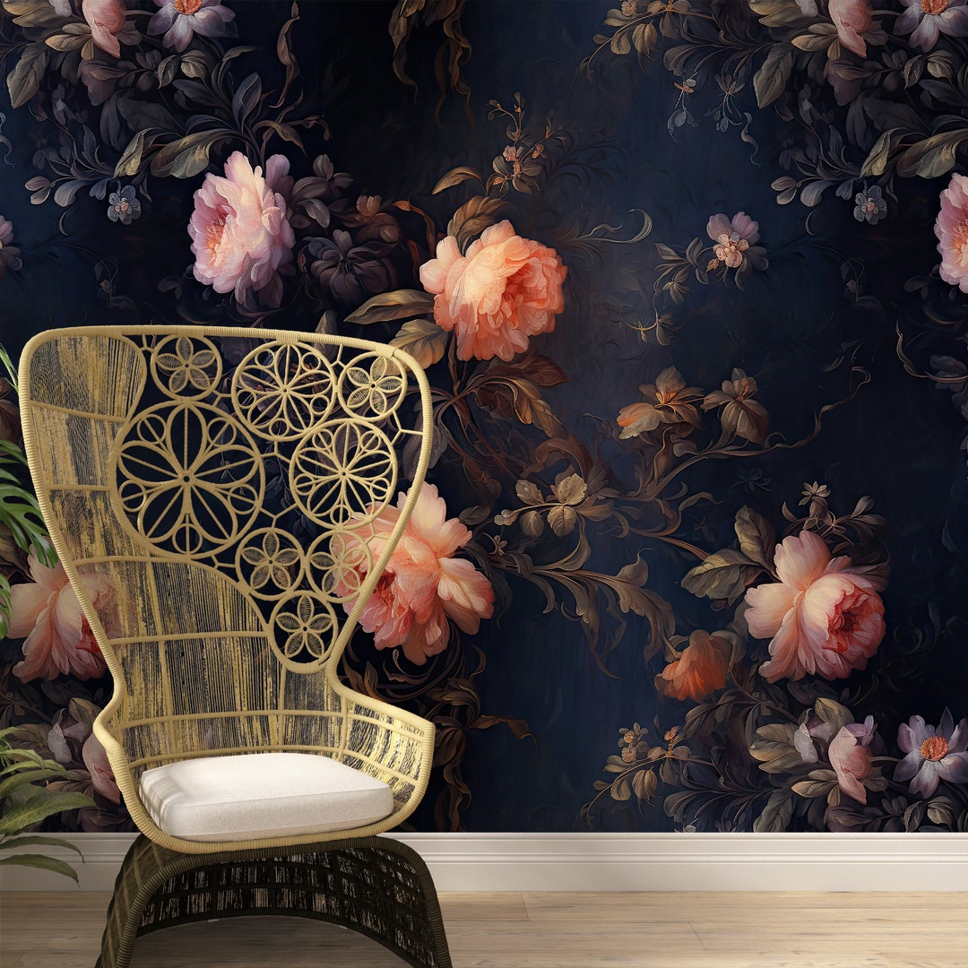 Gothic Floral Wallpaper: Dark Blue Vintage Flower Wall Mural - Etsy