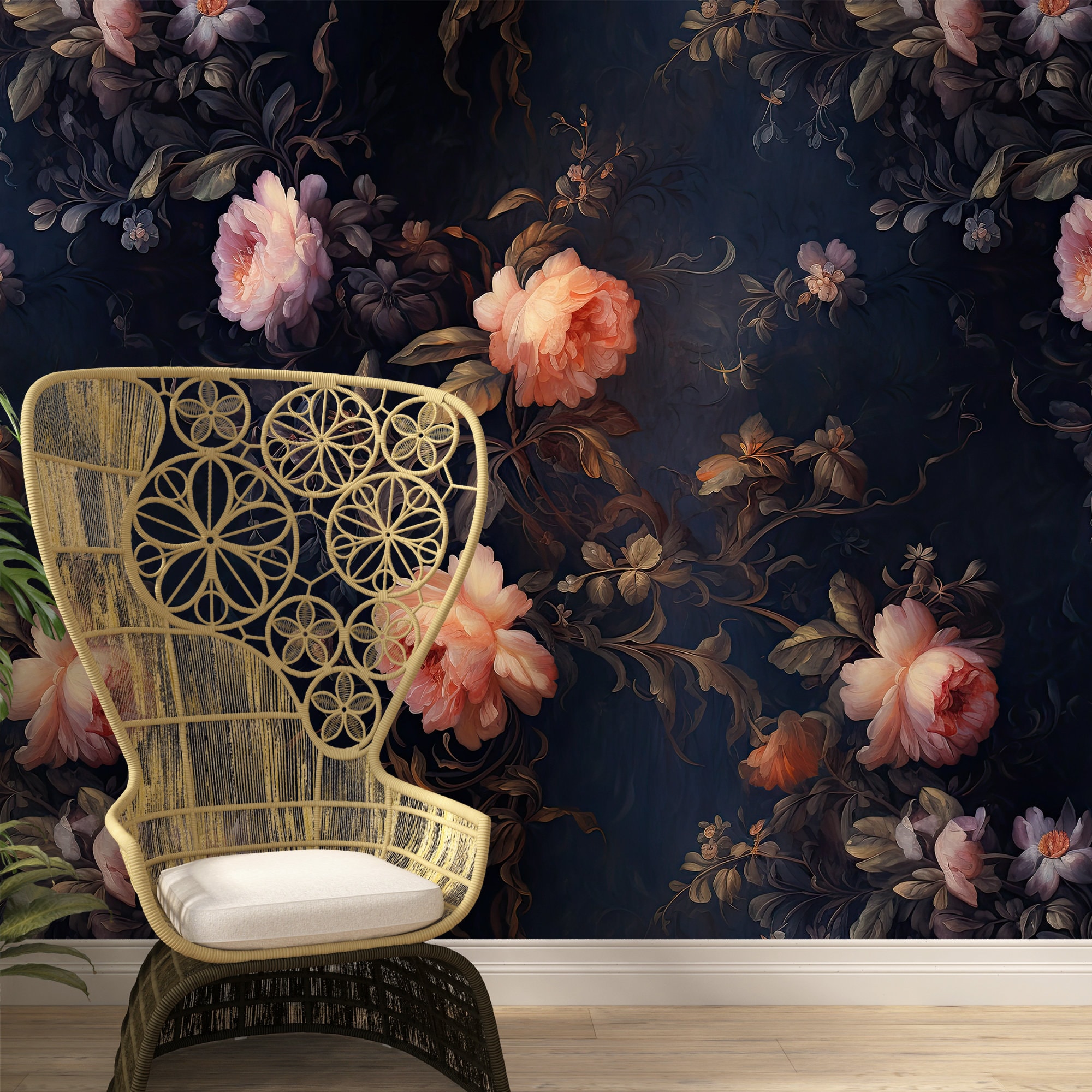 Gothic Dark Blue Floral Wallpaper, Whimsical Peony Wallpaper, Dark Goth ...